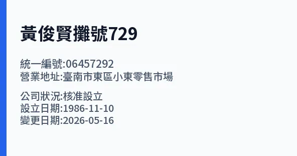 黃俊賢攤號729的照片-統編 06457292(臺南市) 公司登記資料與營業項目詳細圖表