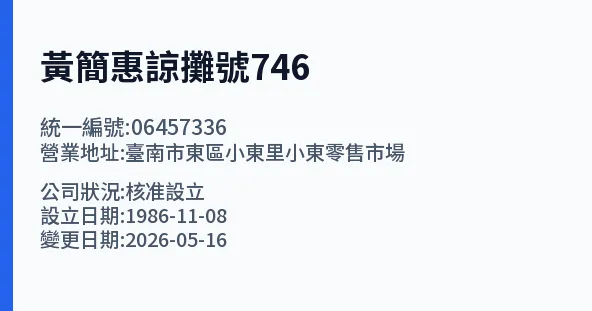 黃簡惠諒攤號746的照片-統編 06457336(臺南市) 公司登記資料與營業項目詳細圖表