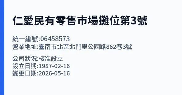 仁愛民有零售市場攤位第3號的照片-統編 06458573(臺南市) 公司登記資料與營業項目詳細圖表