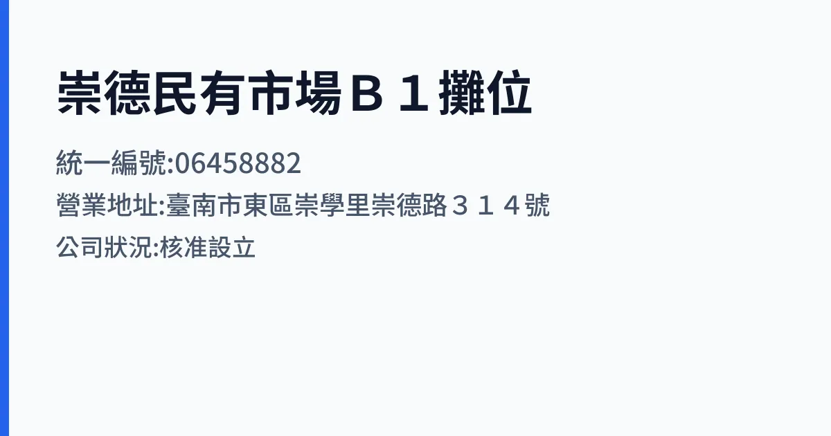 崇德民有市場Ｂ１攤位 - 統編 06458882(臺南市) 公司登記資料與營業項目詳細圖表