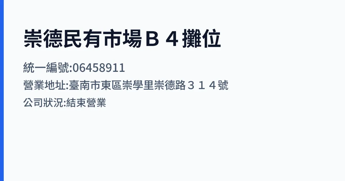 崇德民有市場Ｂ４攤位 - 統編 06458911(臺南市) 公司登記資料與營業項目詳細圖表
