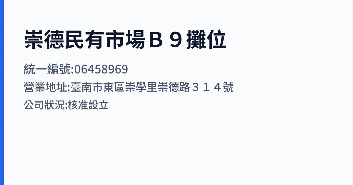 崇德民有市場Ｂ９攤位 - 統編 06458969(臺南市) 公司登記資料與營業項目詳細圖表