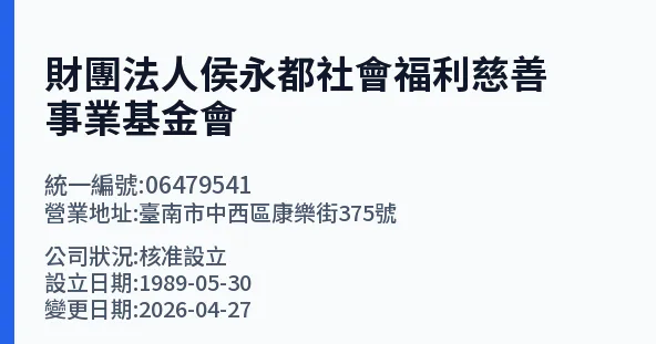 財團法人侯永都社會福利慈善事業基金會的照片-統編 06479541(臺南市) 公司登記資料與營業項目詳細圖表