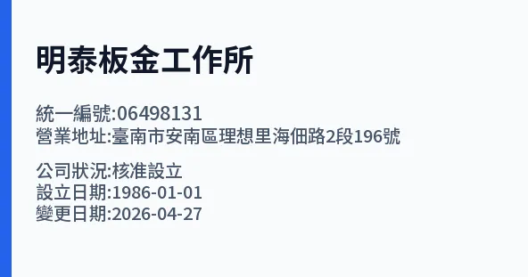 明泰板金工作所的照片-統編 06498131(臺南市) 公司登記資料與營業項目詳細圖表