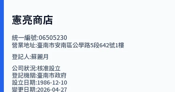 憲亮商店的照片-統編 06505230(臺南市) 公司登記資料與營業項目詳細圖表