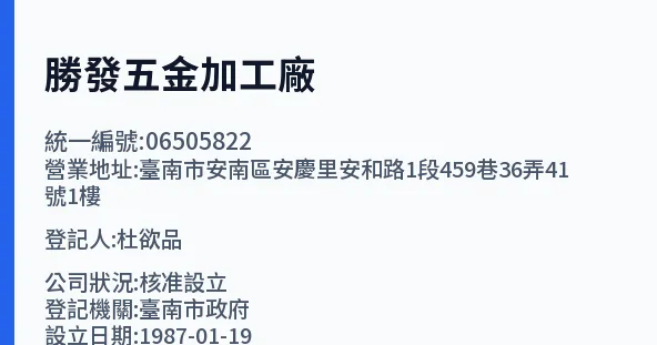 勝發五金加工廠的照片-統編 06505822(臺南市) 公司登記資料與營業項目詳細圖表