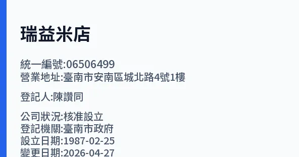 瑞益米店的照片-統編 06506499(臺南市) 公司登記資料與營業項目詳細圖表