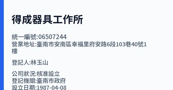 得成器具工作所的照片-統編 06507244(臺南市) 公司登記資料與營業項目詳細圖表