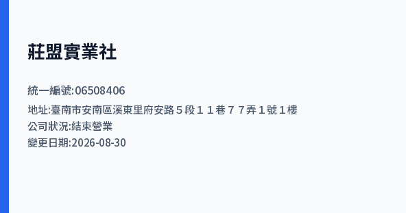 莊盟實業社的照片-統編 06508406(臺南市) 公司登記資料與營業項目詳細圖表