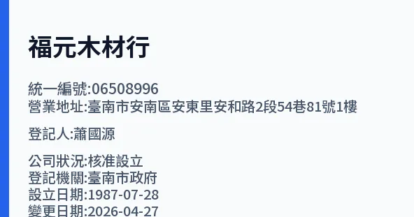 福元木材行的照片-統編 06508996(臺南市) 公司登記資料與營業項目詳細圖表
