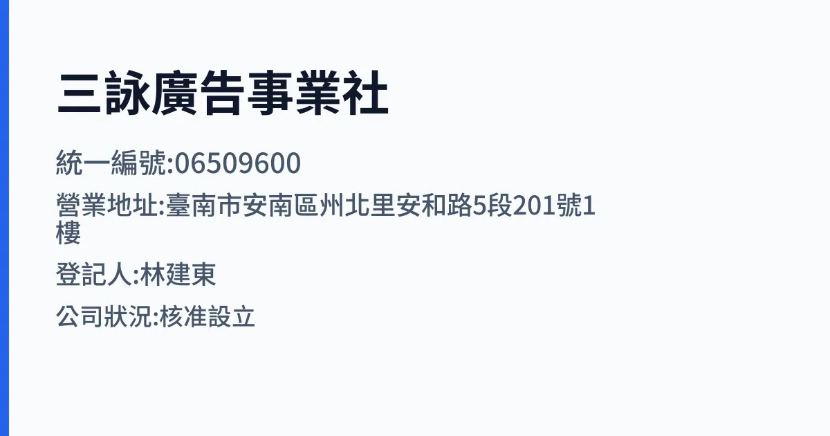 三詠廣告事業社 - 統編 06509600(臺南市) 公司登記資料與營業項目詳細圖表
