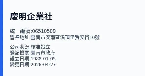 慶明企業社的照片-統編 06510509(臺南市) 公司登記資料與營業項目詳細圖表