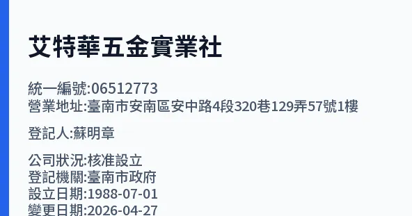 艾特華五金實業社的照片-統編 06512773(臺南市) 公司登記資料與營業項目詳細圖表