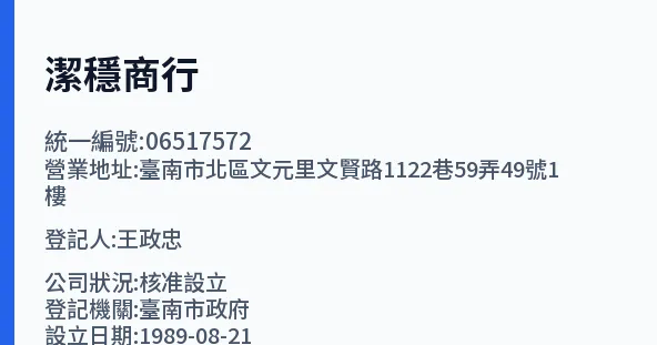 潔穩商行的照片-統編 06517572(臺南市) 公司登記資料與營業項目詳細圖表