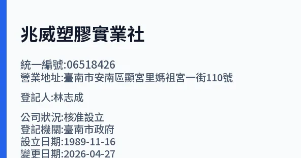 兆威塑膠實業社的照片-統編 06518426(臺南市) 公司登記資料與營業項目詳細圖表
