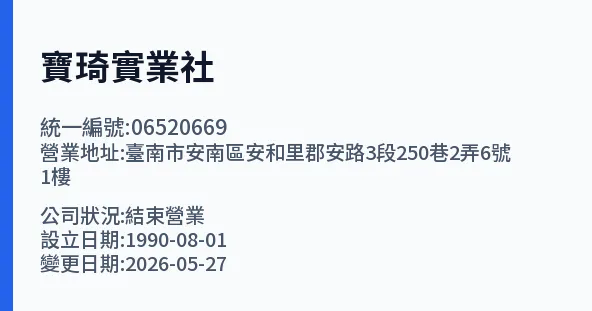 寶琦實業社的照片-統編 06520669(臺南市) 公司登記資料與營業項目詳細圖表