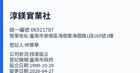 淳鎂實業社的照片-統編 06521787(臺南市) 公司登記資料與營業項目詳細圖表