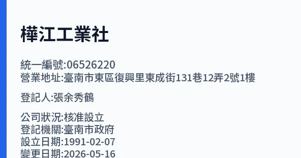 樺江工業社的照片-統編 06526220(臺南市) 公司登記資料與營業項目詳細圖表