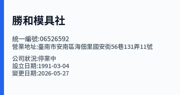 勝和模具社的照片-統編 06526592(臺南市) 公司登記資料與營業項目詳細圖表
