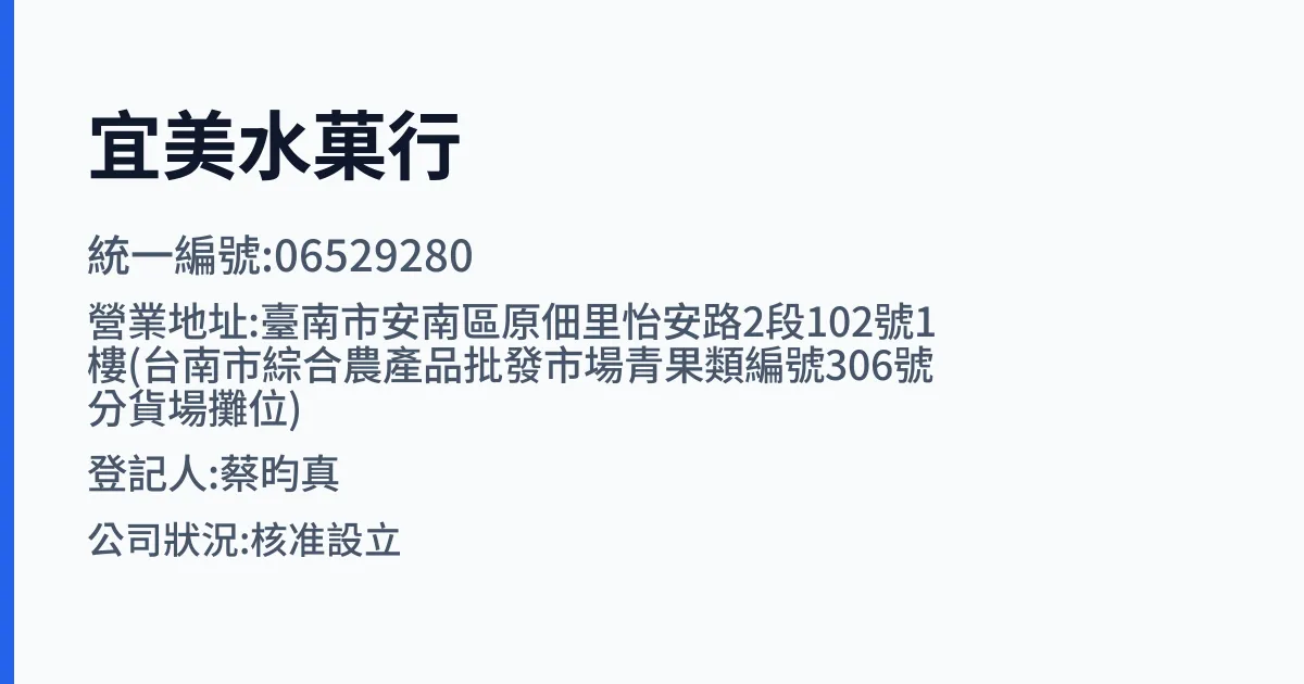 宜美水菓行 - 統編 06529280(臺南市) 公司登記資料與營業項目詳細圖表