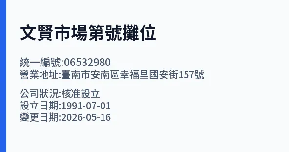 文賢市場第號攤位的照片-統編 06532980(臺南市) 公司登記資料與營業項目詳細圖表