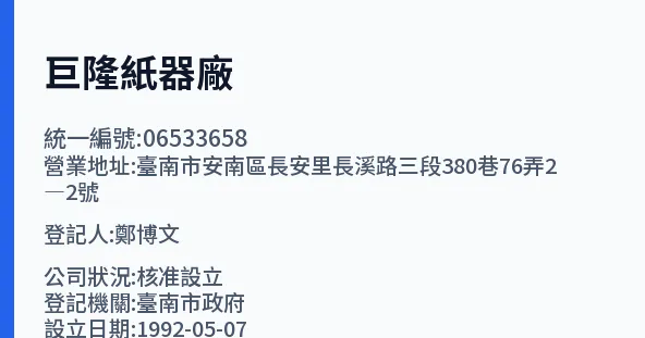 巨隆紙器廠的照片-統編 06533658(臺南市) 公司登記資料與營業項目詳細圖表