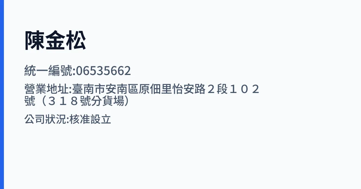 陳金松 - 統編 06535662(臺南市) 公司登記資料與營業項目詳細圖表