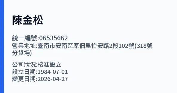 陳金松的照片-統編 06535662(臺南市) 公司登記資料與營業項目詳細圖表