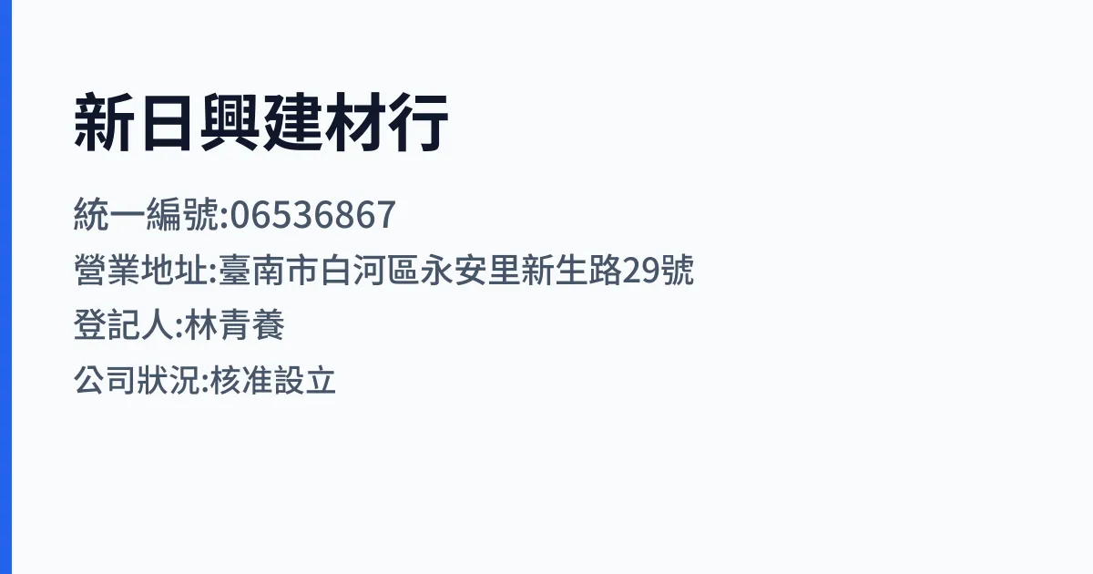 新日興建材行 - 統編 06536867(臺南市) 公司登記資料與營業項目詳細圖表