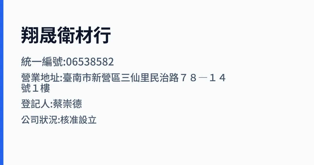 翔晟衛材行 - 統編 06538582(臺南市) 公司登記資料與營業項目詳細圖表