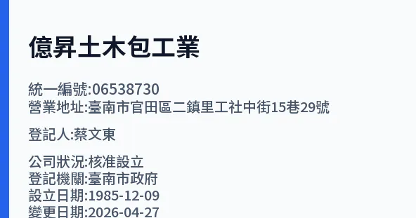 億昇土木包工業的照片-統編 06538730(臺南市) 公司登記資料與營業項目詳細圖表