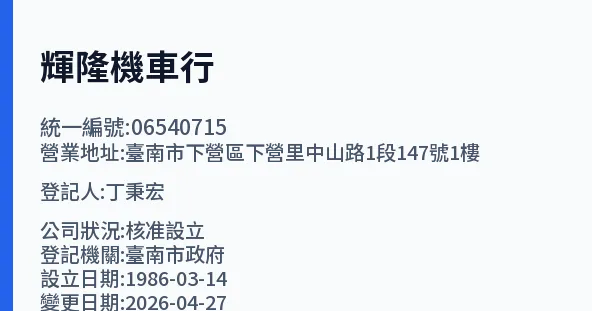 輝隆機車行的照片-統編 06540715(臺南市) 公司登記資料與營業項目詳細圖表