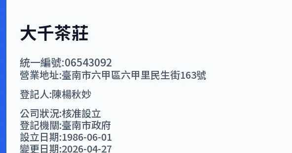大千茶莊的照片-統編 06543092(臺南市) 公司登記資料與營業項目詳細圖表