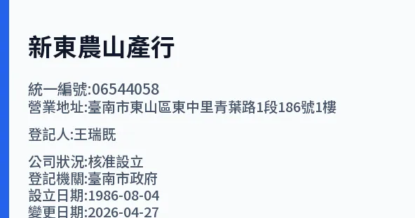 新東農山產行的照片-統編 06544058(臺南市) 公司登記資料與營業項目詳細圖表
