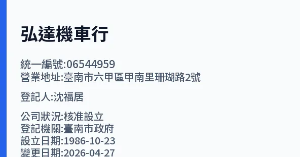 弘達機車行的照片-統編 06544959(臺南市) 公司登記資料與營業項目詳細圖表