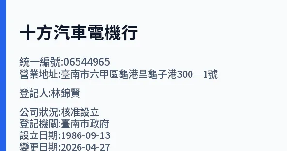 十方汽車電機行的照片-統編 06544965(臺南市) 公司登記資料與營業項目詳細圖表