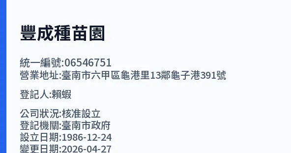 豐成種苗園的照片-統編 06546751(臺南市) 公司登記資料與營業項目詳細圖表