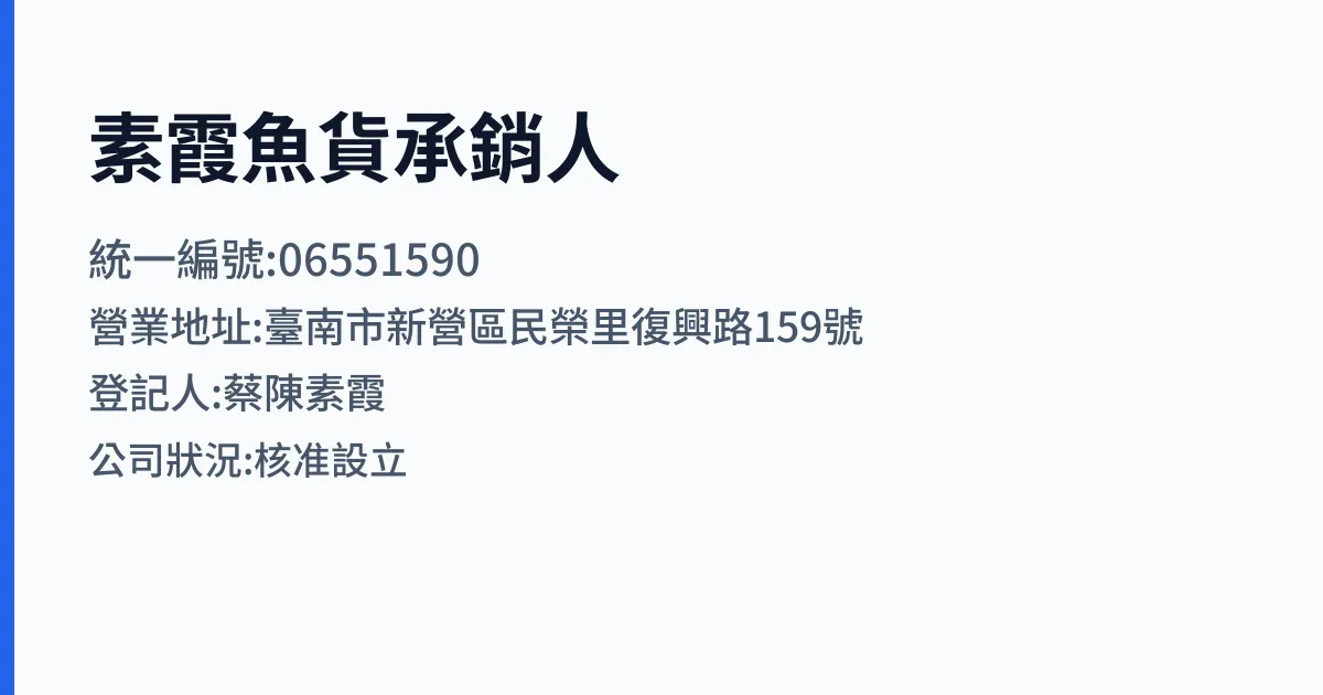 素霞魚貨承銷人 - 統編 06551590（臺南市） 公司登記資料與營業項目詳細圖表