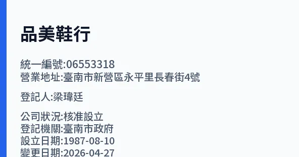 品美鞋行的照片-統編 06553318(臺南市) 公司登記資料與營業項目詳細圖表