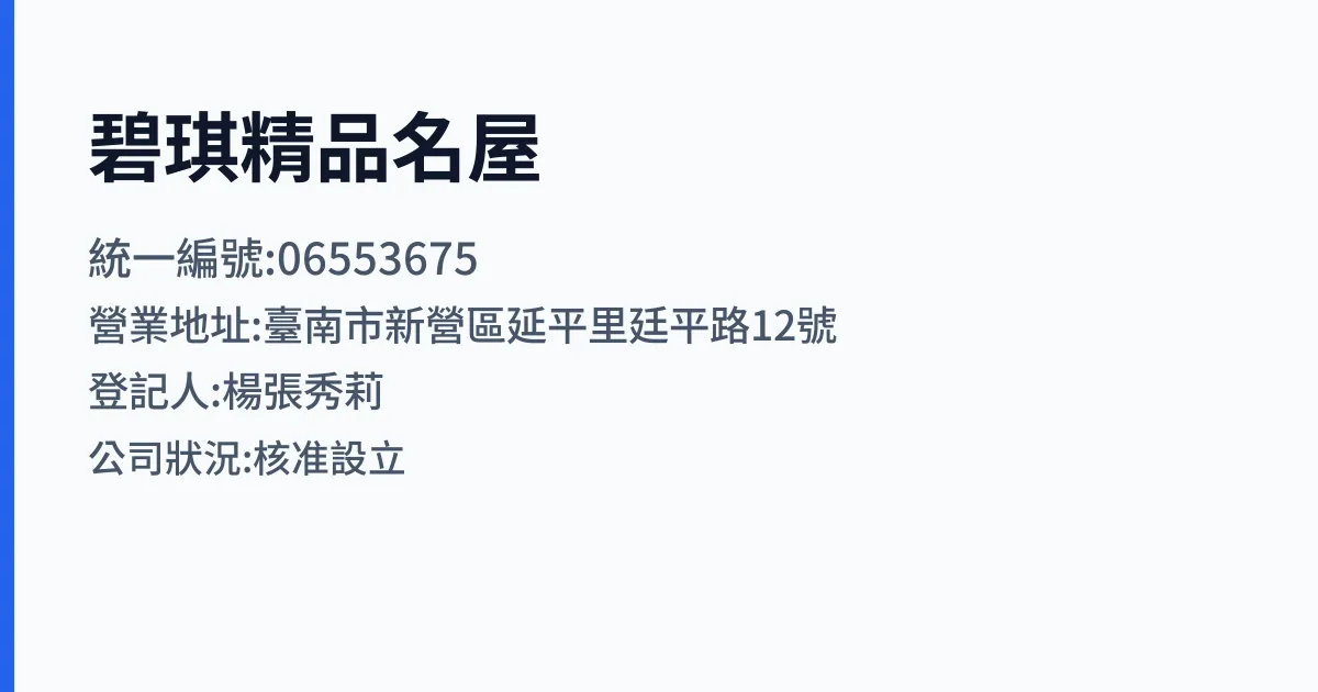 碧琪精品名屋 - 統編 06553675(臺南市) 公司登記資料與營業項目詳細圖表