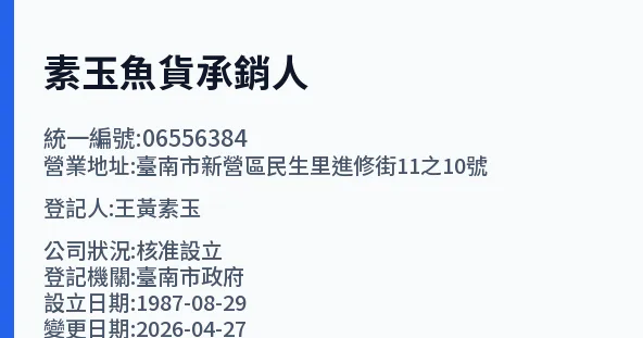 素玉魚貨承銷人的照片-統編 06556384(臺南市) 公司登記資料與營業項目詳細圖表
