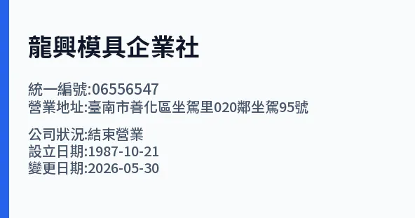 龍興模具企業社的照片-統編 06556547(臺南市) 公司登記資料與營業項目詳細圖表