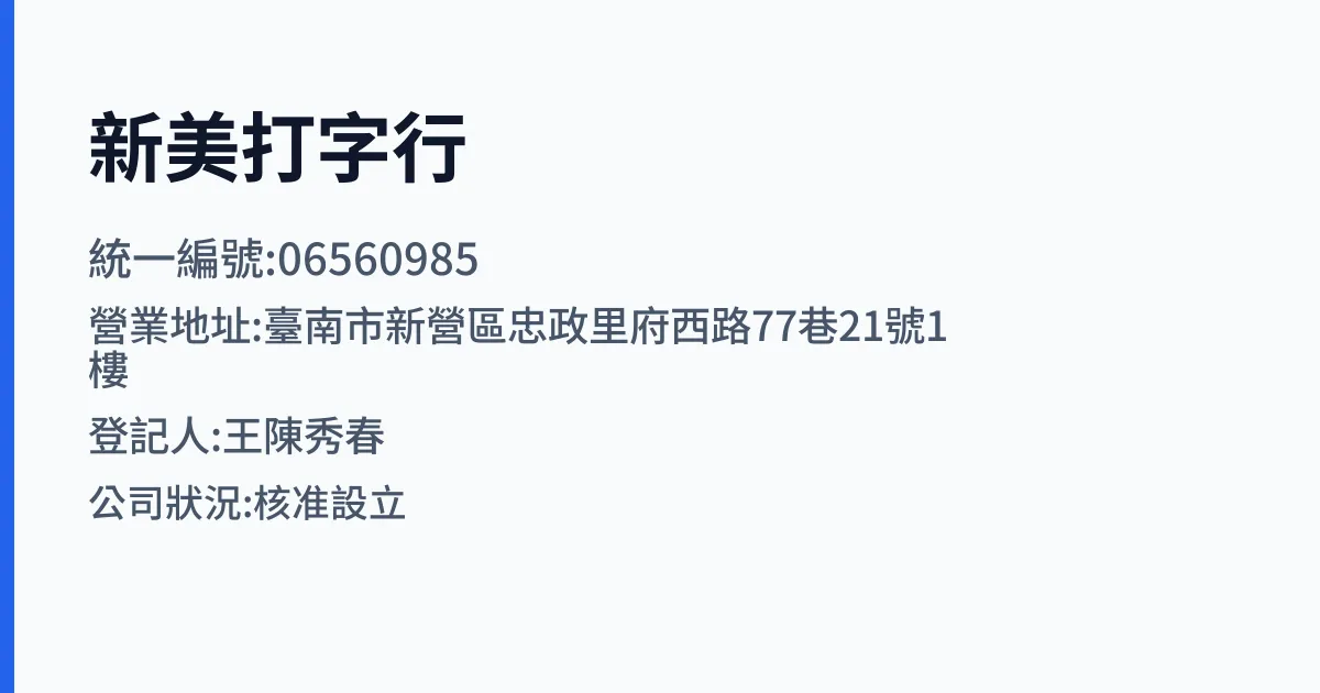 新美打字行 - 統編 06560985(臺南市) 公司登記資料與營業項目詳細圖表