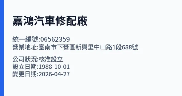 嘉鴻汽車修配廠的照片-統編 06562359(臺南市) 公司登記資料與營業項目詳細圖表
