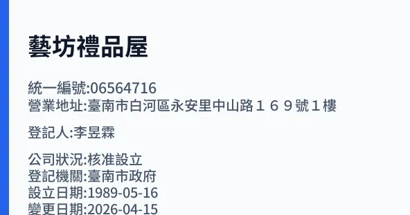 藝坊禮品屋的照片-統編 06564716(臺南市) 公司登記資料與營業項目詳細圖表