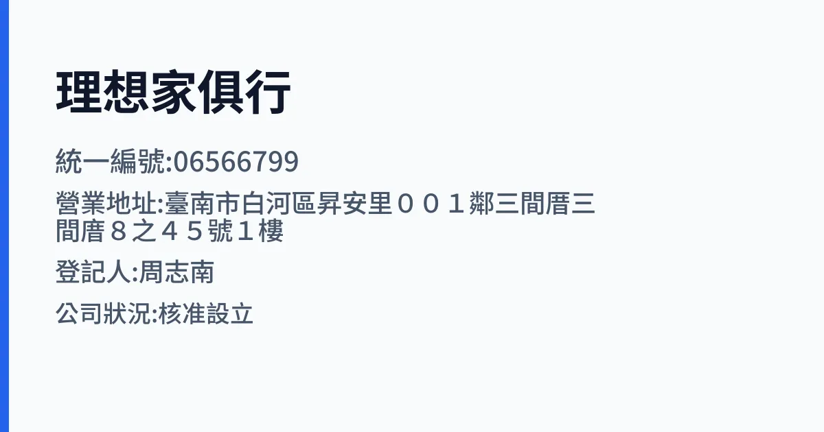 理想家俱行 - 統編 06566799(臺南市) 公司登記資料與營業項目詳細圖表