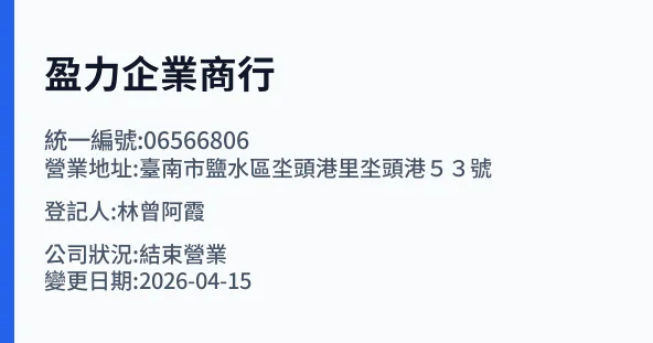 盈力企業商行的照片-統編 06566806(臺南市) 公司登記資料與營業項目詳細圖表