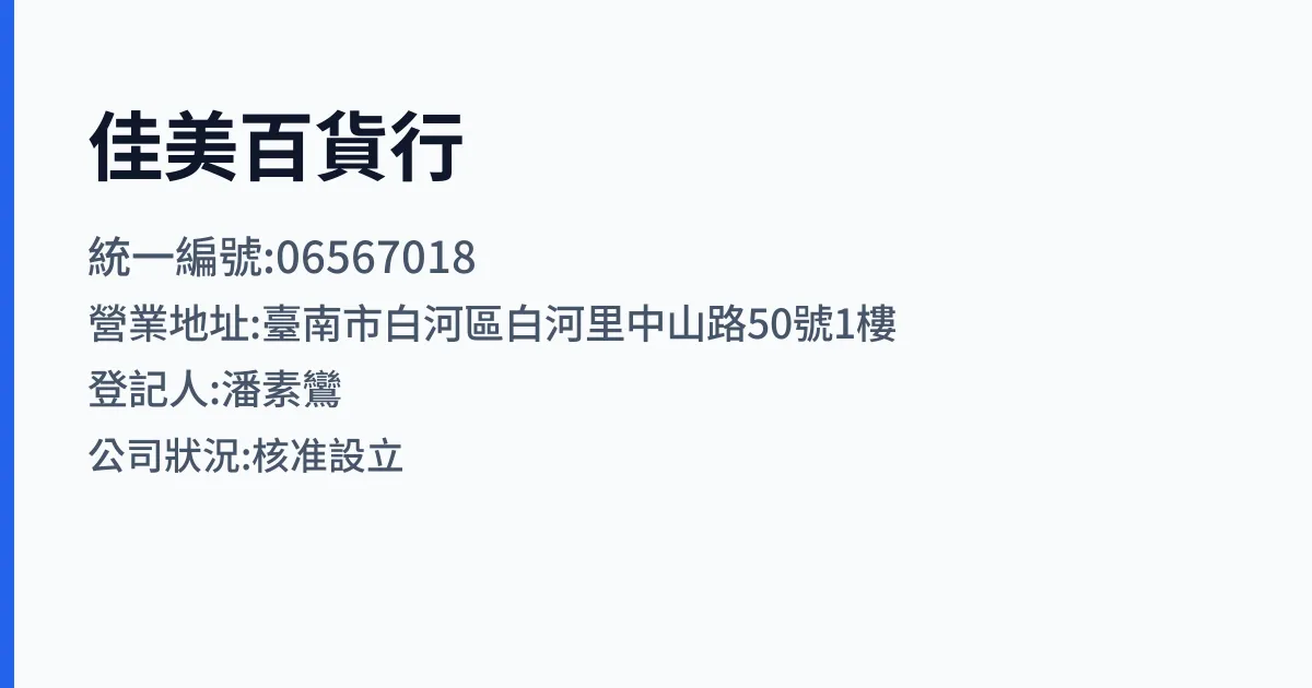 佳美百貨行 - 統編 06567018(臺南市) 公司登記資料與營業項目詳細圖表