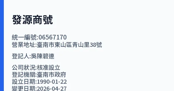 發源商號的照片-統編 06567170(臺南市) 公司登記資料與營業項目詳細圖表