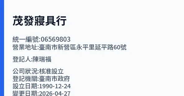 茂發寢具行的照片-統編 06569803(臺南市) 公司登記資料與營業項目詳細圖表